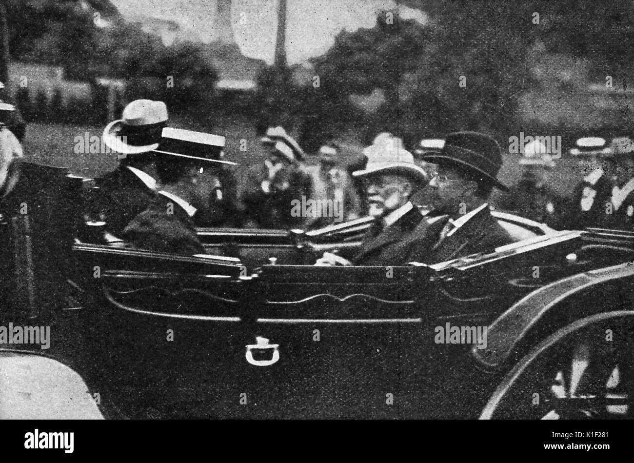 Theodore Roosevelt with four other men, in a car, with the top down, at ...