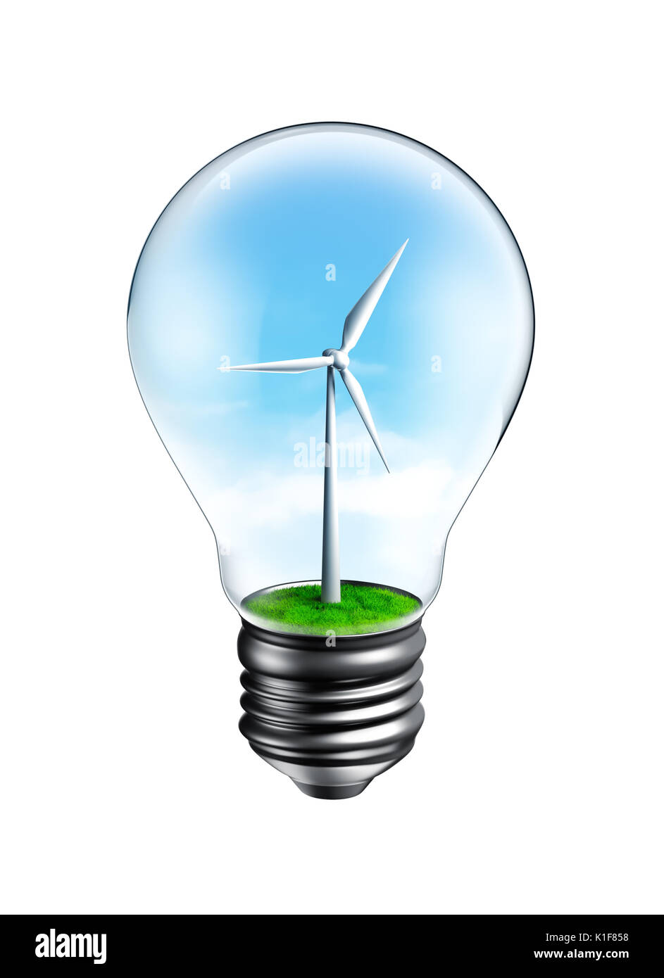 Wind turbine on grassland inside a light bulb representing clean energy ...