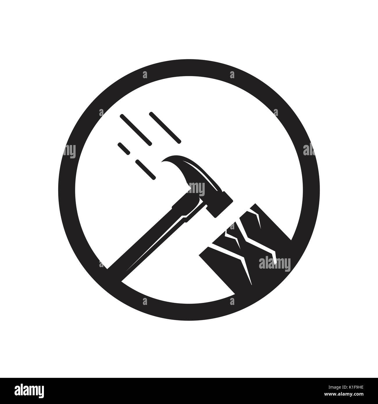 hammer hits wood piece icon within an outline of circle, icon design ...