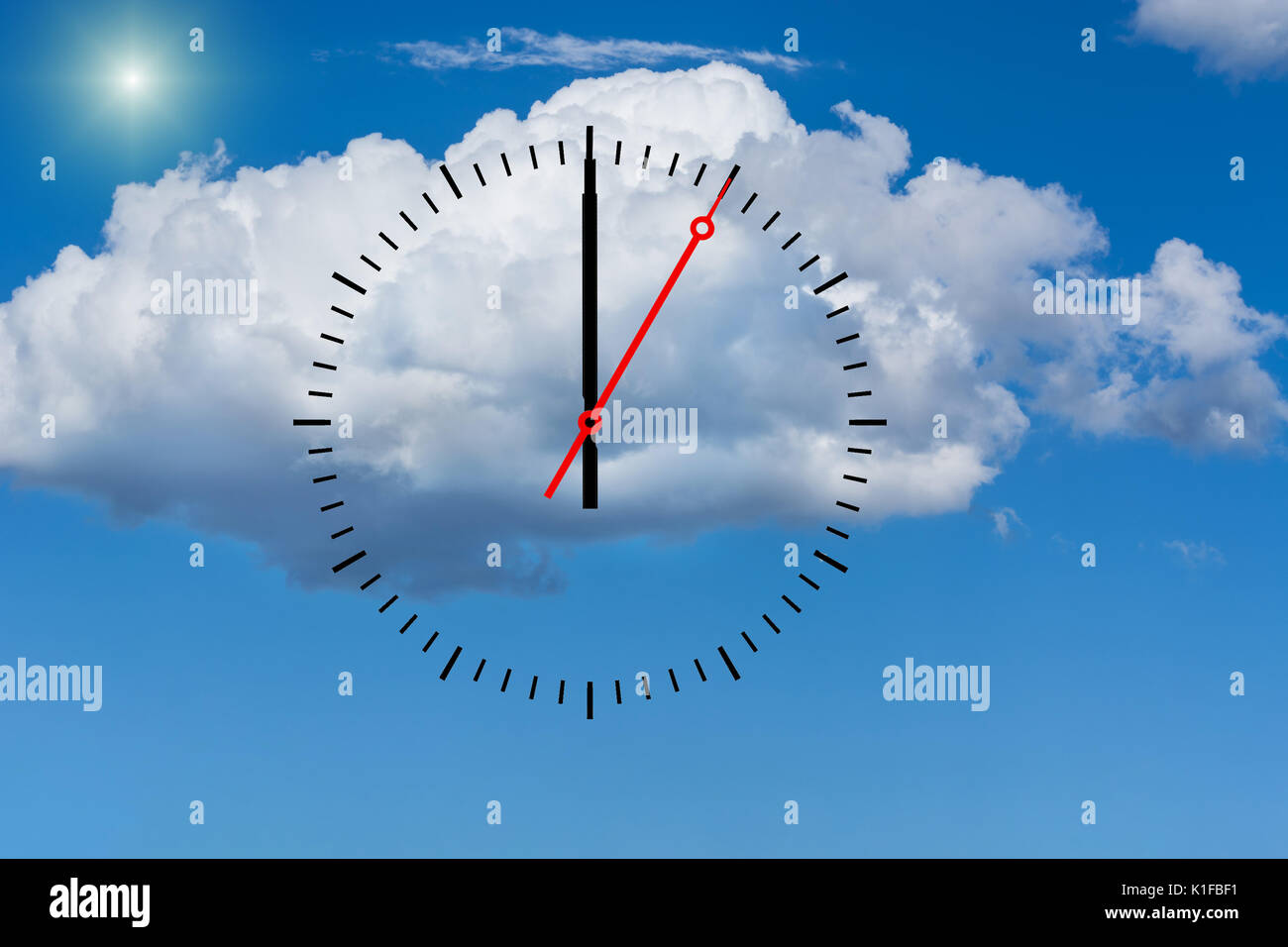 Clock, dial with a minute hand and a red second hand indicates 12 o ...