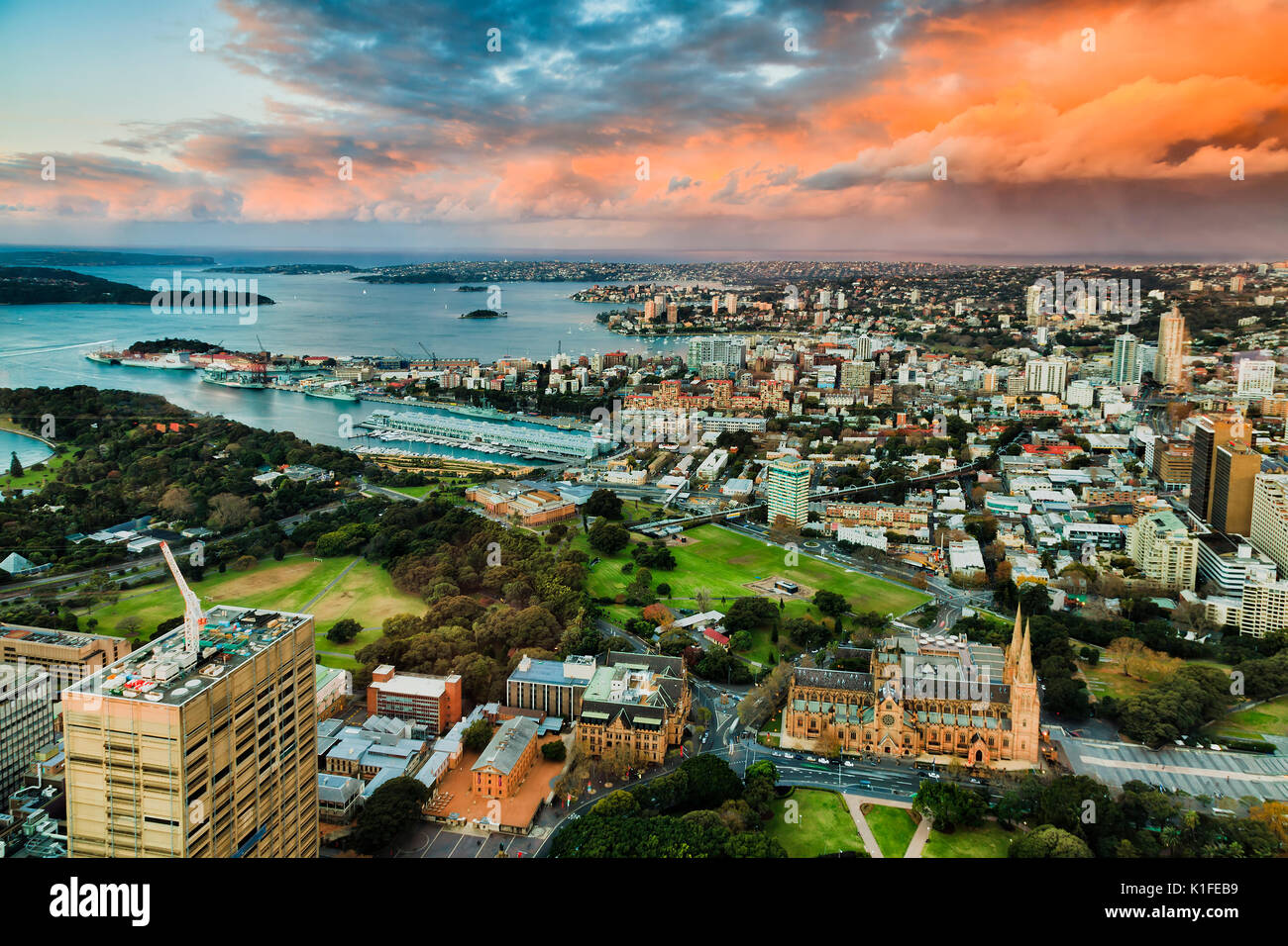 Mid-city view above Sydney downtown landmark buildings around Sydney ...