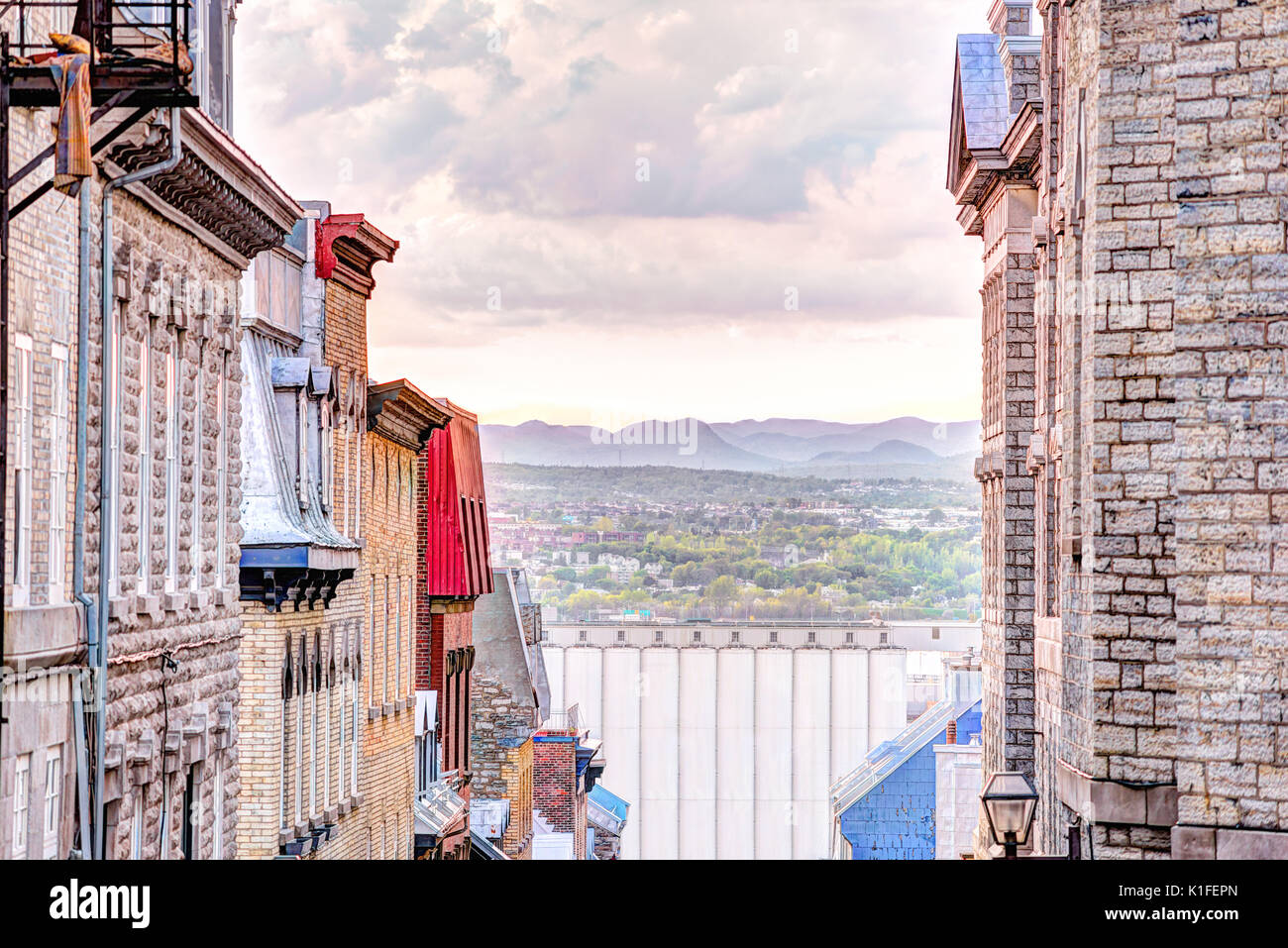 Aerial cityscape or skyline of Quebec City mountains with colorful ...