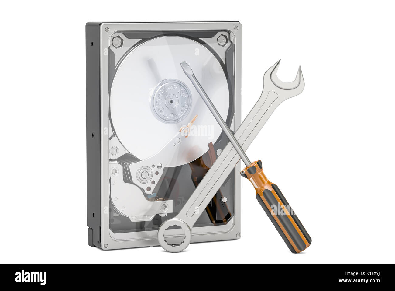 Hard Disk Drive HDD with tools. Repair and recovery concept, 3D ...