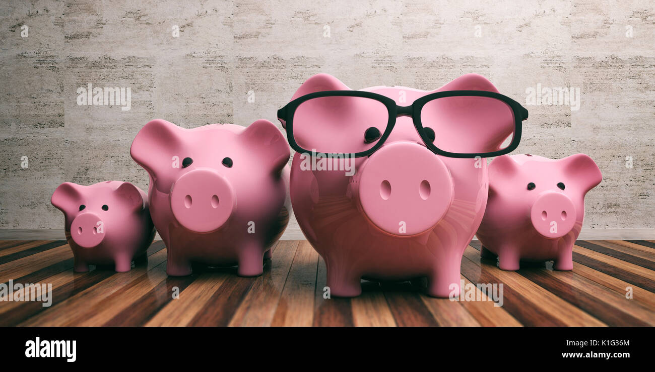 Piggy banks family on wooden floor and marble wall background. 3d ...