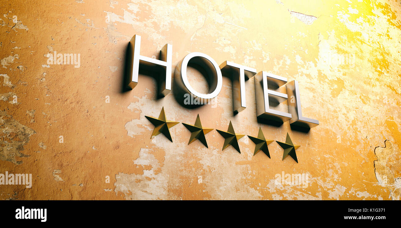 Five stars hotel sign on a stucco painted wall. 3d illustration Stock ...
