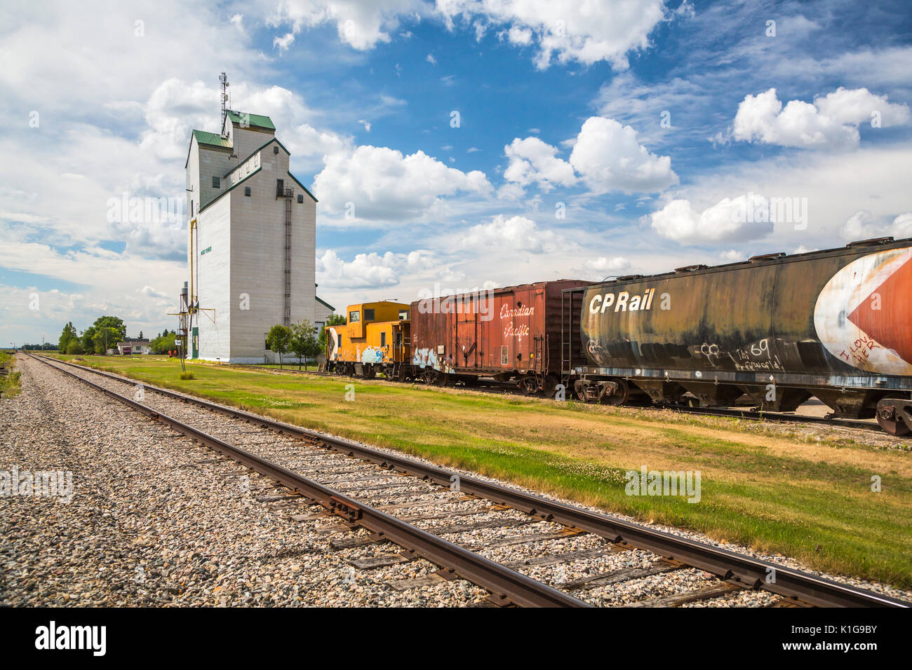 The historic grain elevator and train cars in Plum Coulee, Manitoba ...