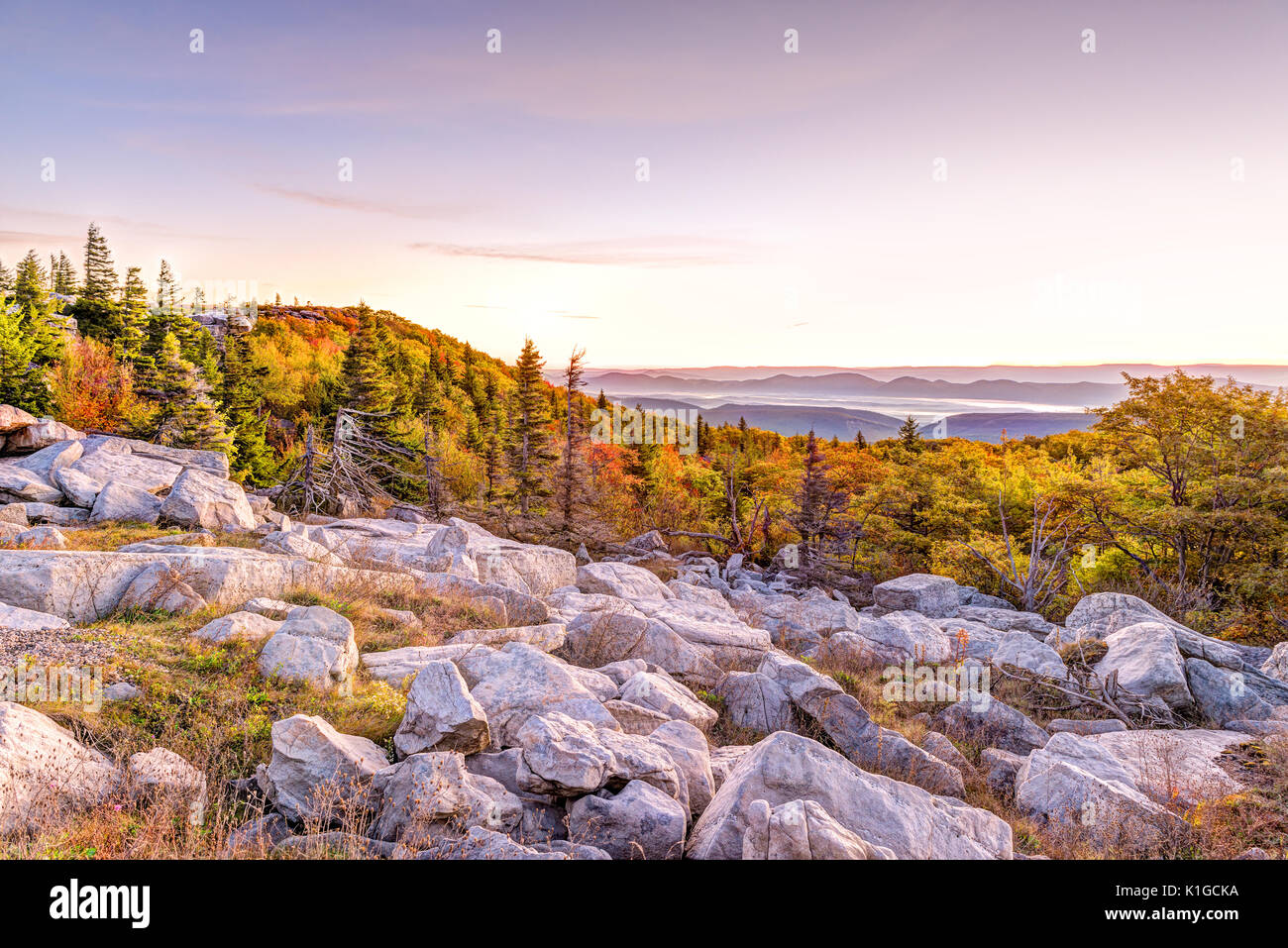 Bear rocks sunrise during autumn with rocky landscape in Dolly Sods ...