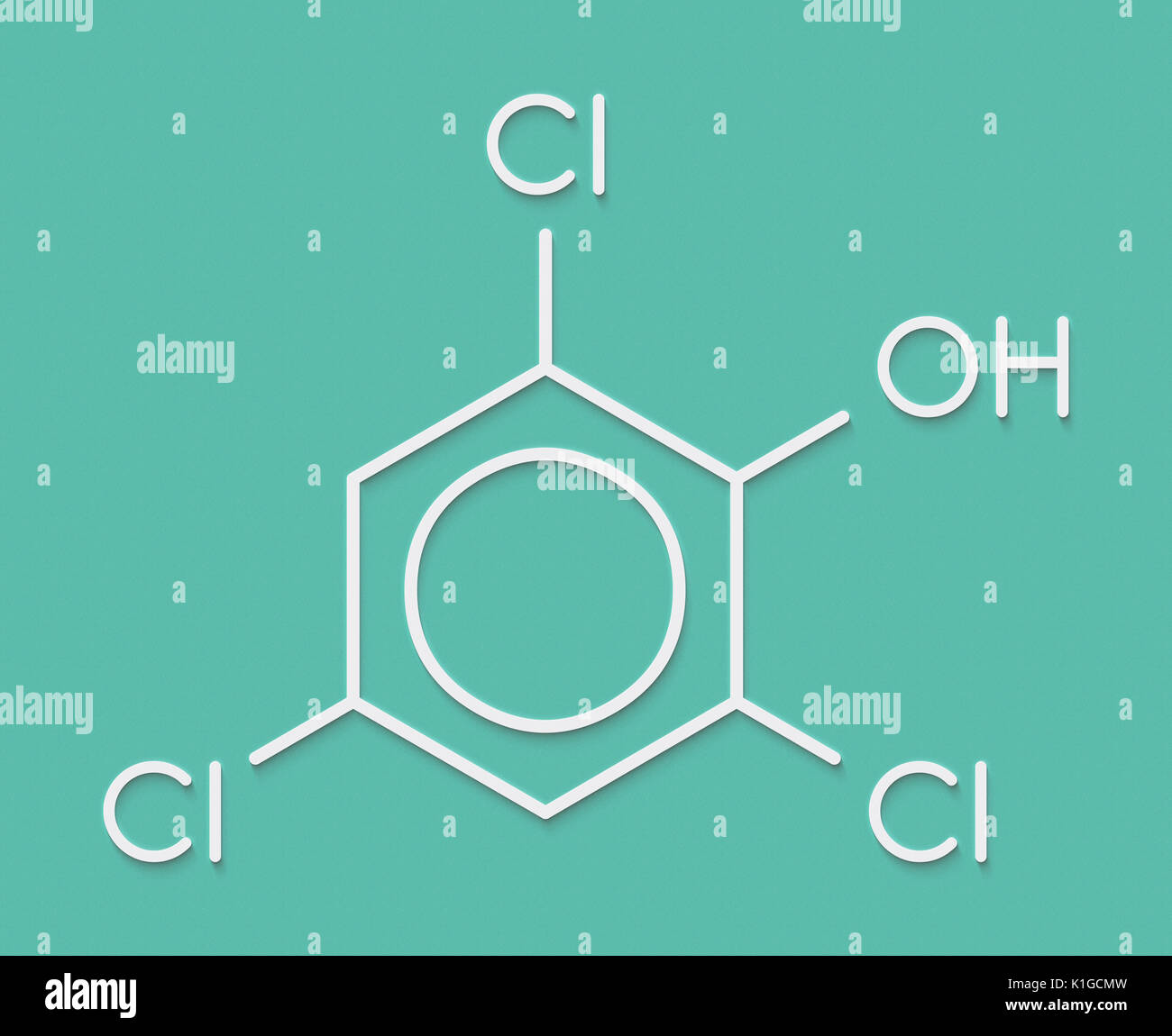 Trichlorophenol (TCP, 2,4,6-trichlorophenol) molecule. Skeletal formula ...
