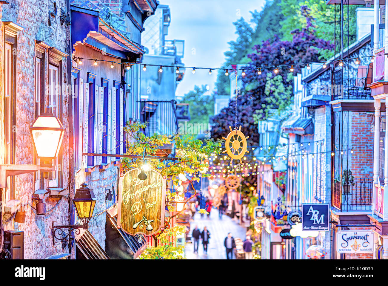 Quebec City, Canada - May 31, 2017: Lower old town street aerial view ...