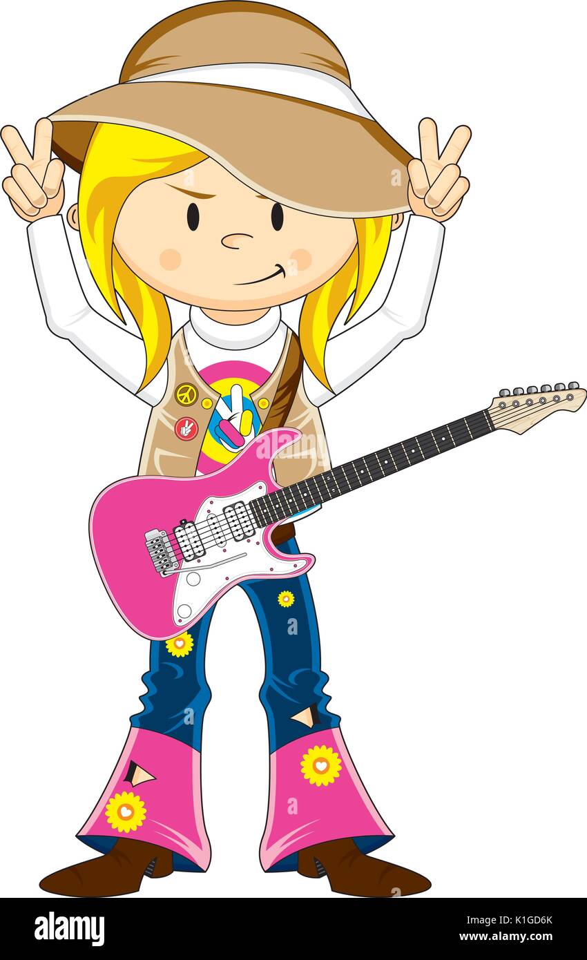 Cute Cartoon Flower Power Hippie Girl Vector Illustration Stock Vector ...