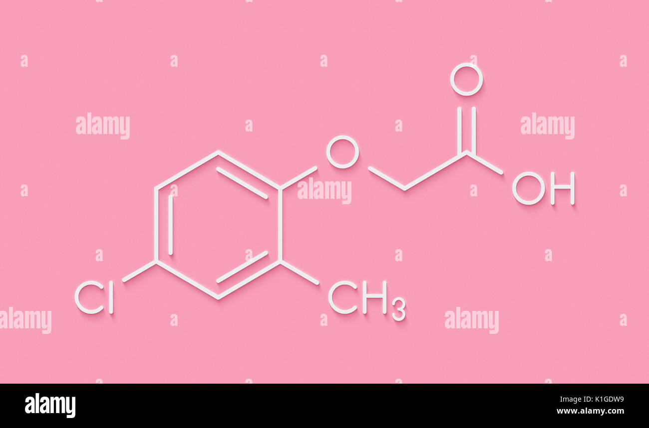 MCPA (2-methyl-4-chlorophenoxyacetic acid) herbicide molecule. Skeletal ...