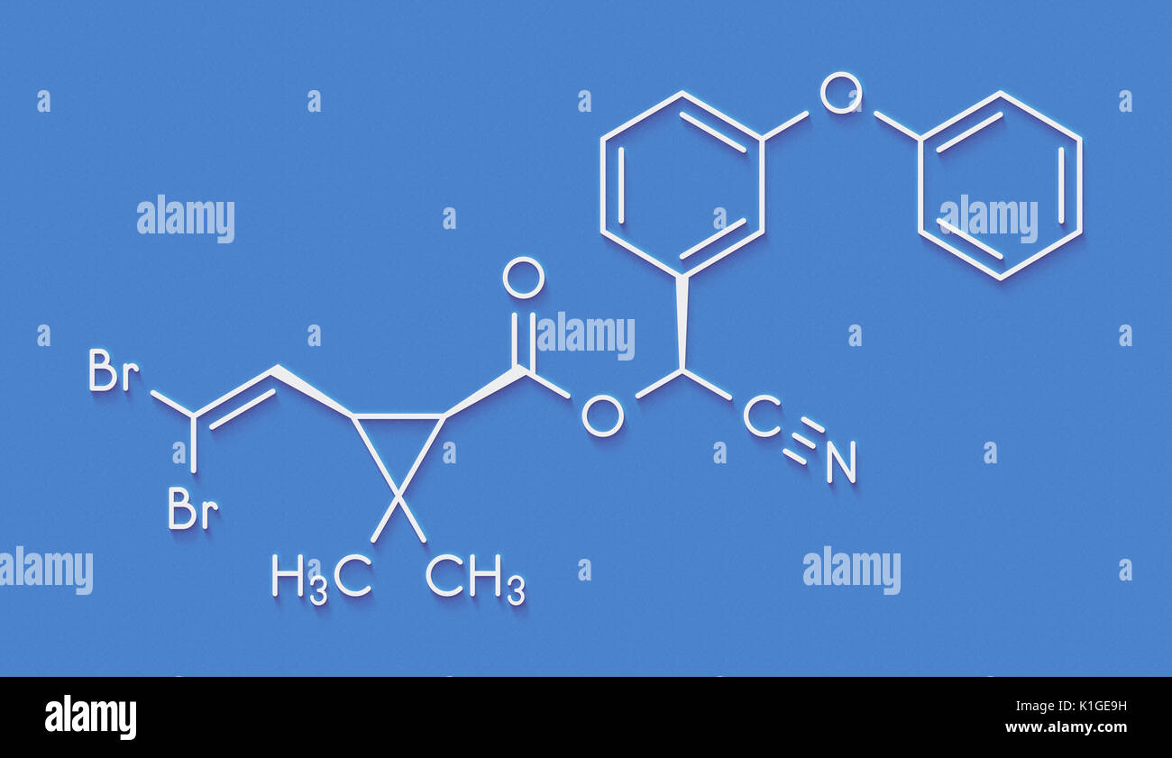 Deltamethrin insecticide molecule (synthetic pyrethroid). Skeletal ...