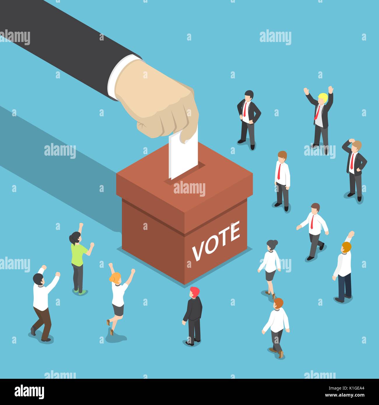 Flat 3d isometric businessman hand put voting paper in the ballot box ...