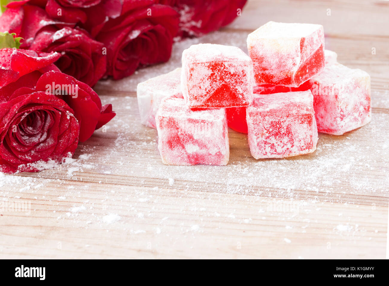 Delicious Turkish Delight with rose flower taste Stock Photo - Alamy