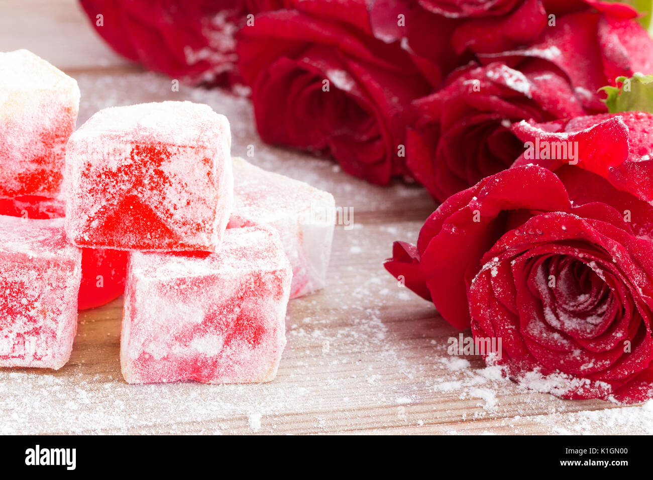 Delicious Turkish Delight with rose flower taste Stock Photo - Alamy