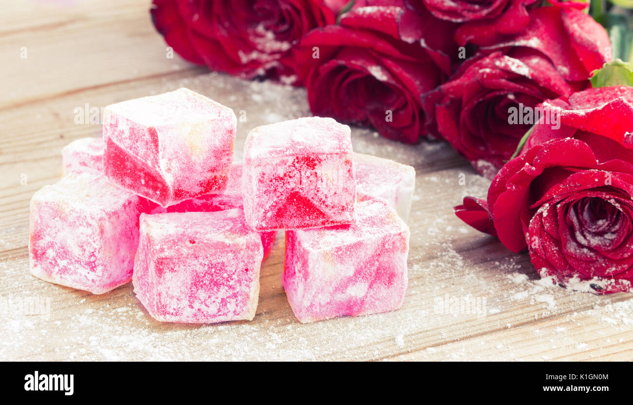Delicious Turkish Delight with rose flower taste Stock Photo - Alamy