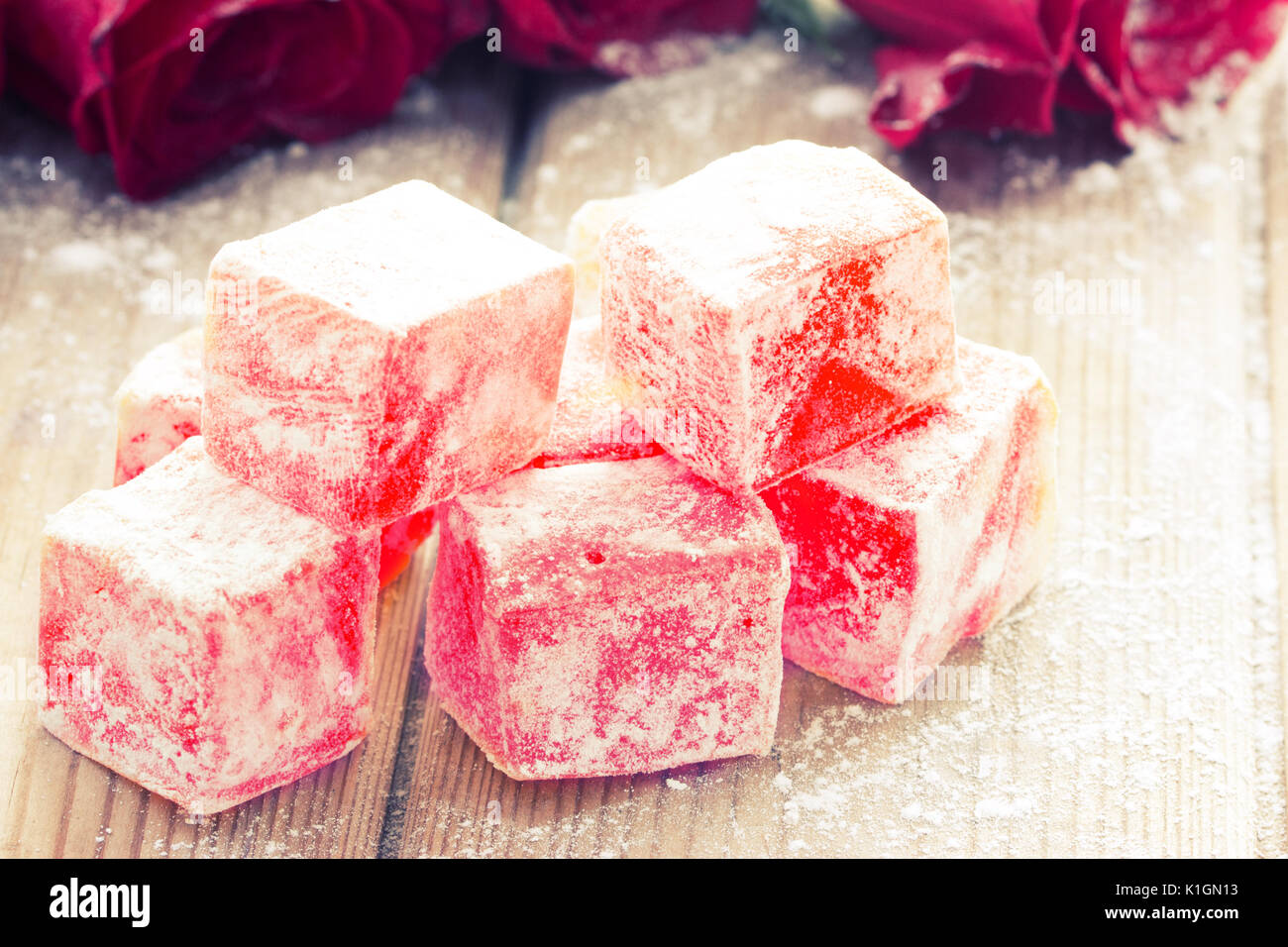 Delicious Turkish Delight with rose flower taste Stock Photo - Alamy