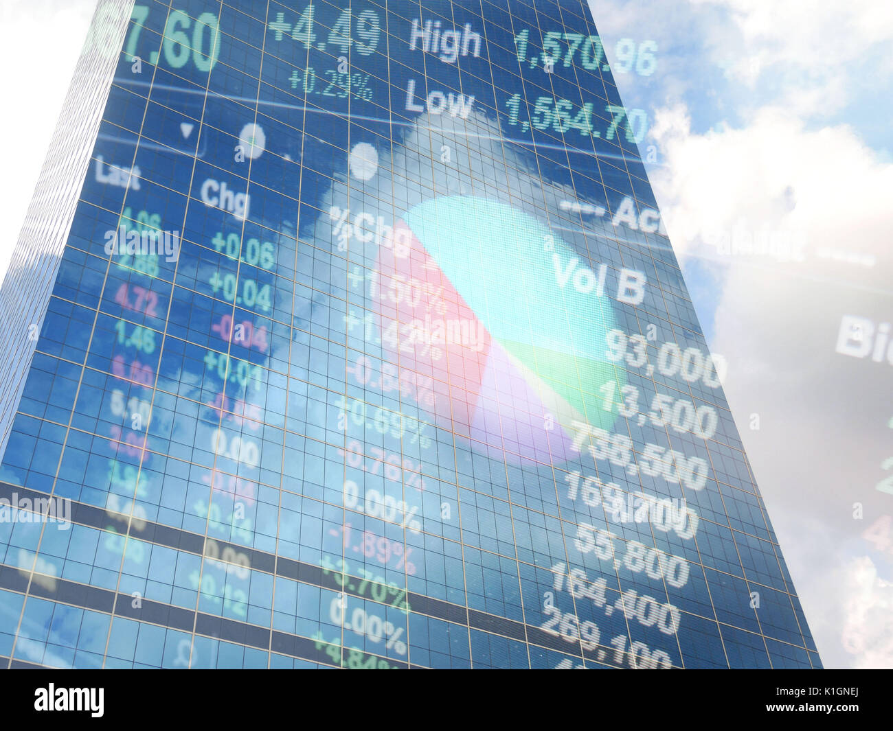 Double exposure of stock market quotes on modern building background ...