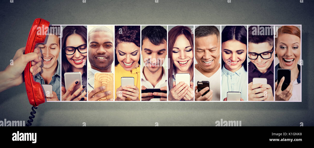 Communication over the telephone. Happy people using mobile smart phone ...