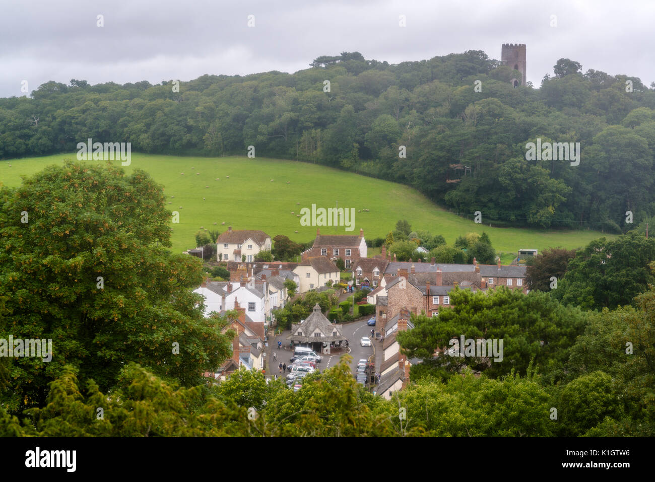 View of the Dunster village and a garden folly tower above from Dunster ...