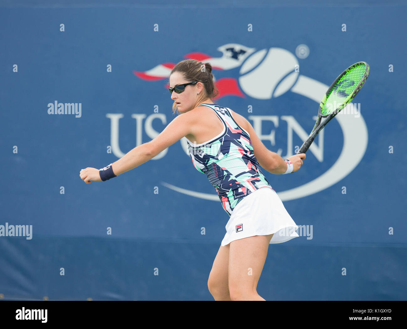 Jamie Loeb of USA returns ball during qualifying game against Sachia ...
