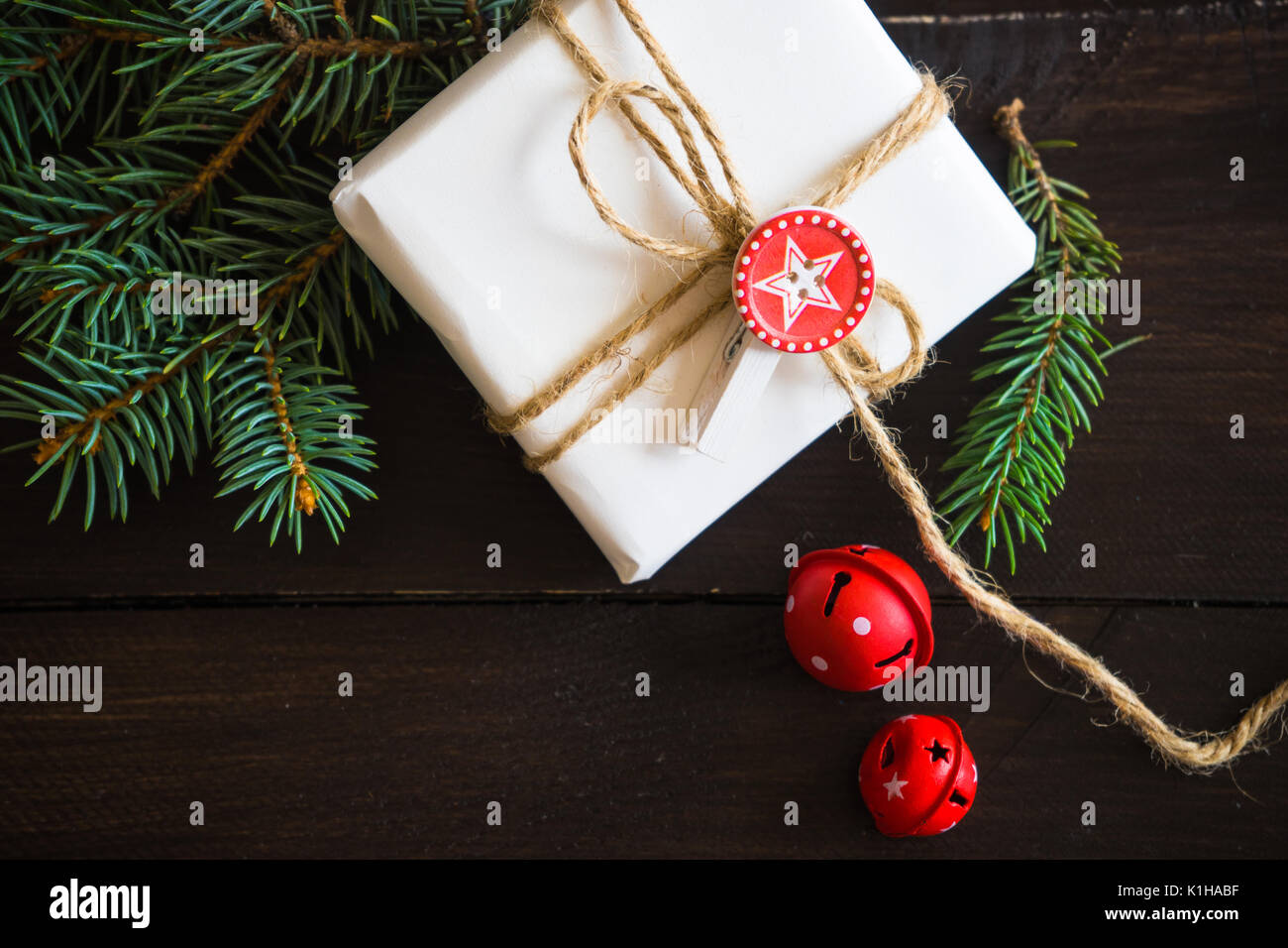 Festive Christmas themed frame with gift box and decorations Stock ...