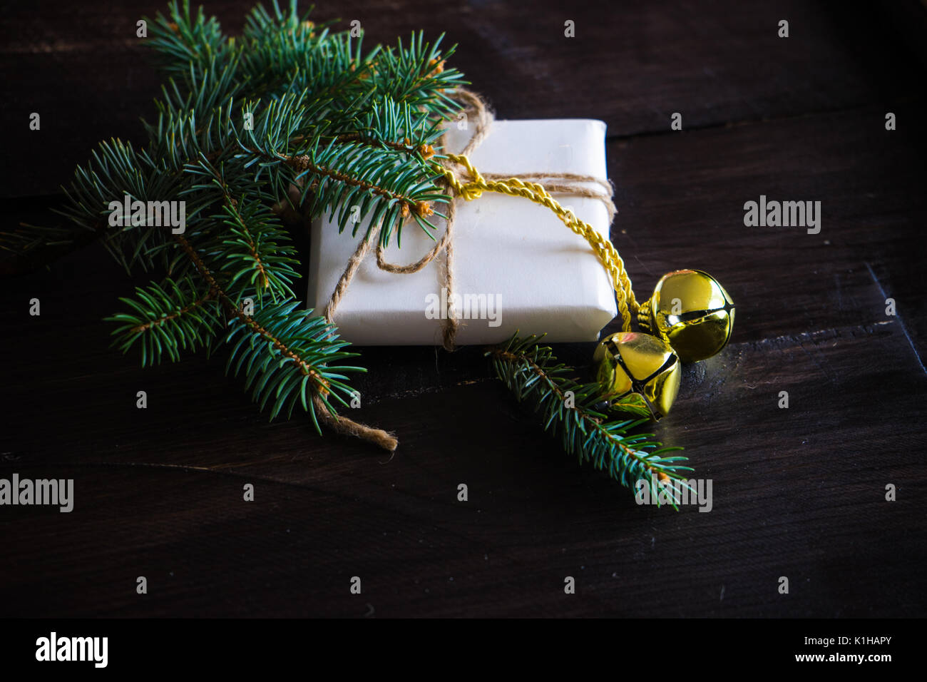 Festive Christmas themed frame with gift box and decorations Stock ...