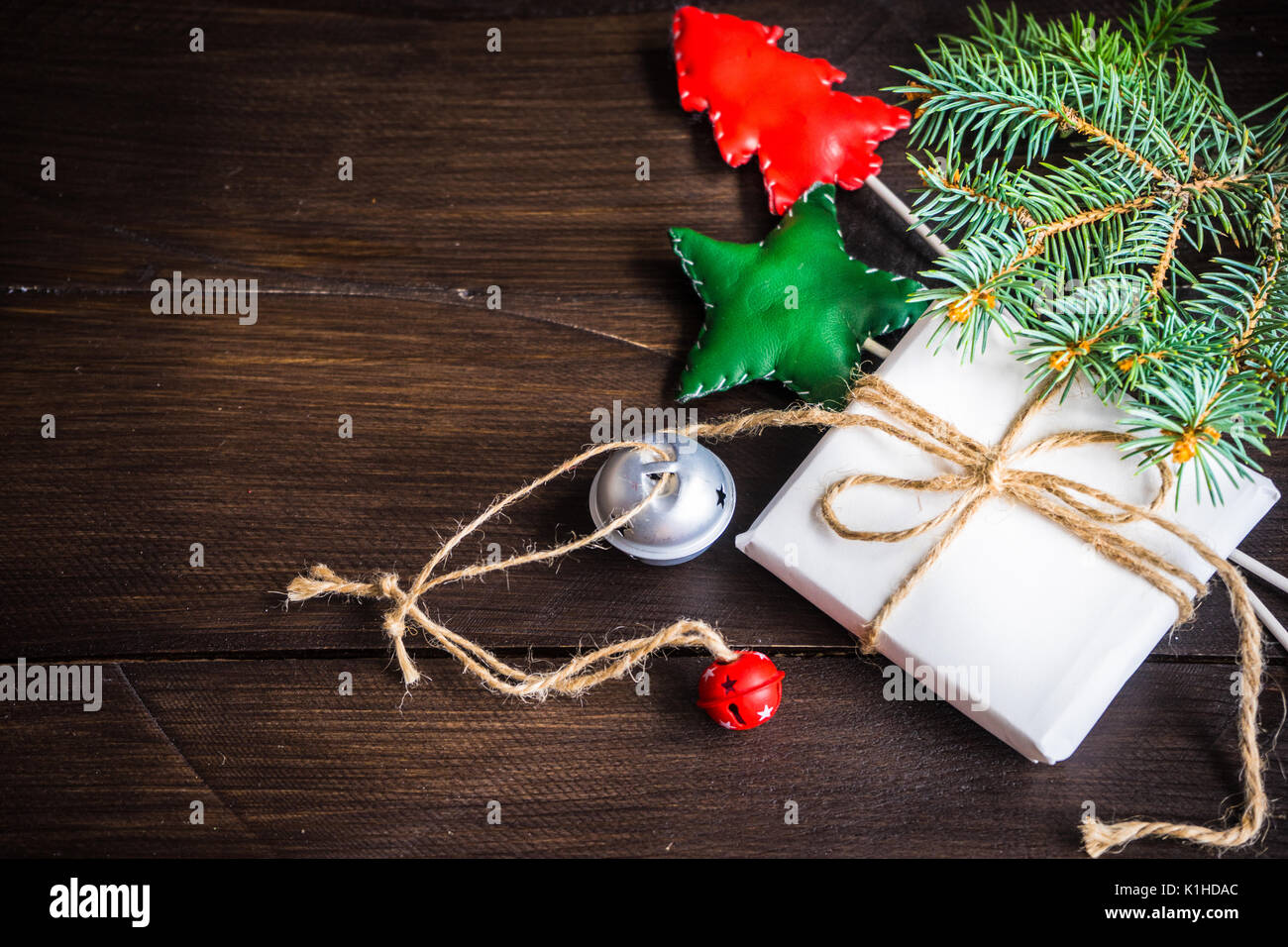 Festive Christmas themed frame with gift box and decorations Stock ...
