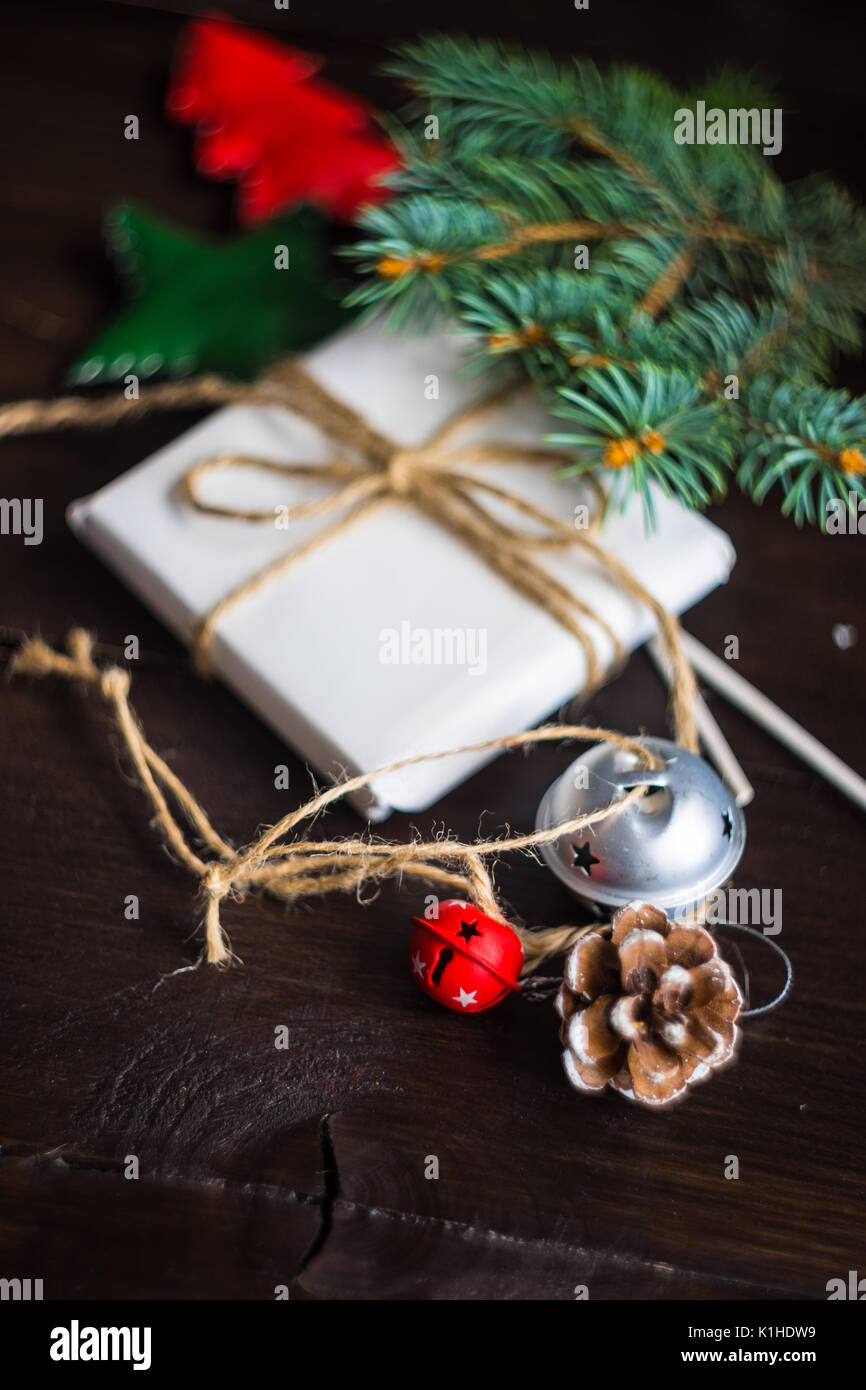 Festive Christmas themed frame with gift box and decorations Stock ...