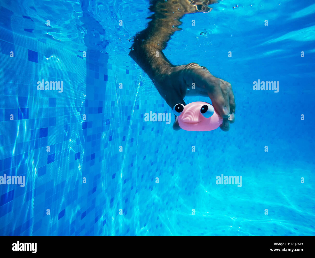 Man playing with generic rubber fish toy in swimming pool, summertime ...