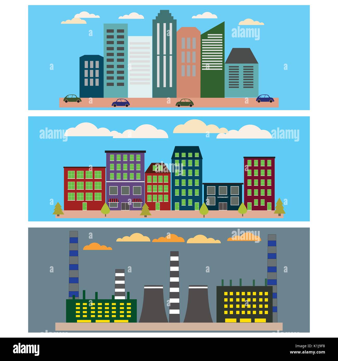 Industrial ,business city and urban city horizontal banner flat set ...