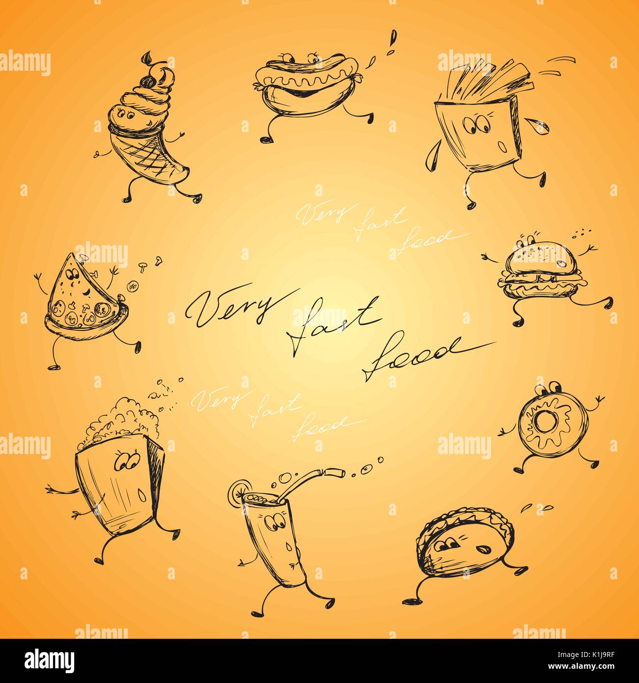 Funny fast food, hand drawing, vector illustration Stock Vector Image ...