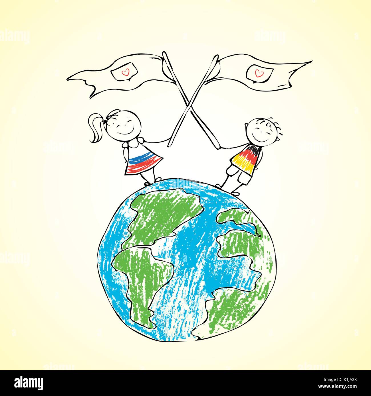sketch russian and german children on planet earth, vector illustration ...