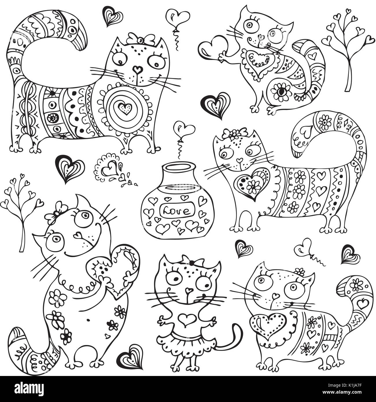 monochrome vector background with different cute animals,objects and ...