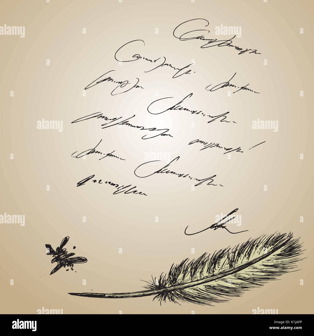 Goose feather and old paper with inscription, hand drawn vector ...