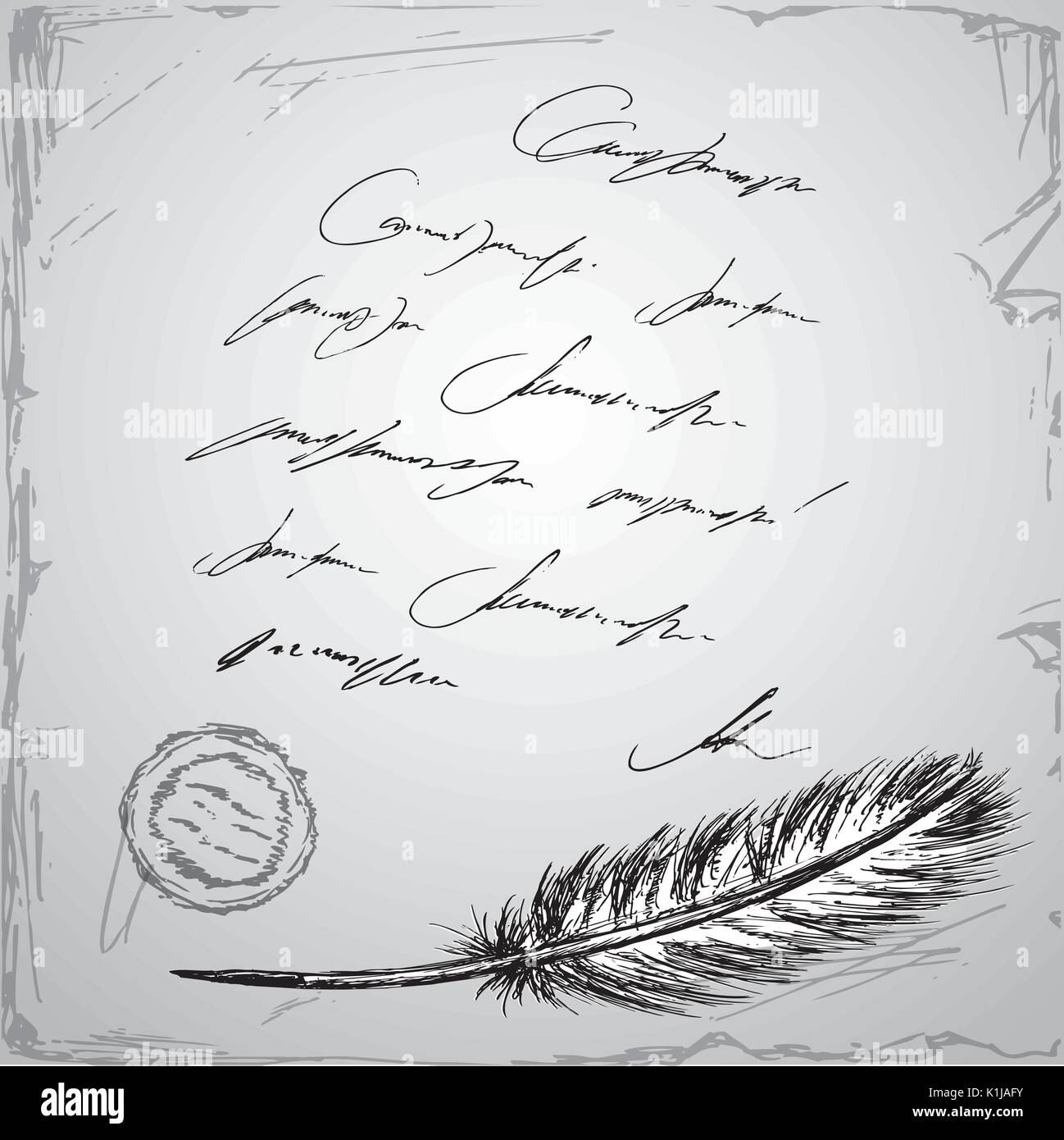 Goose feather and old paper with inscription, hand drawn vector ...