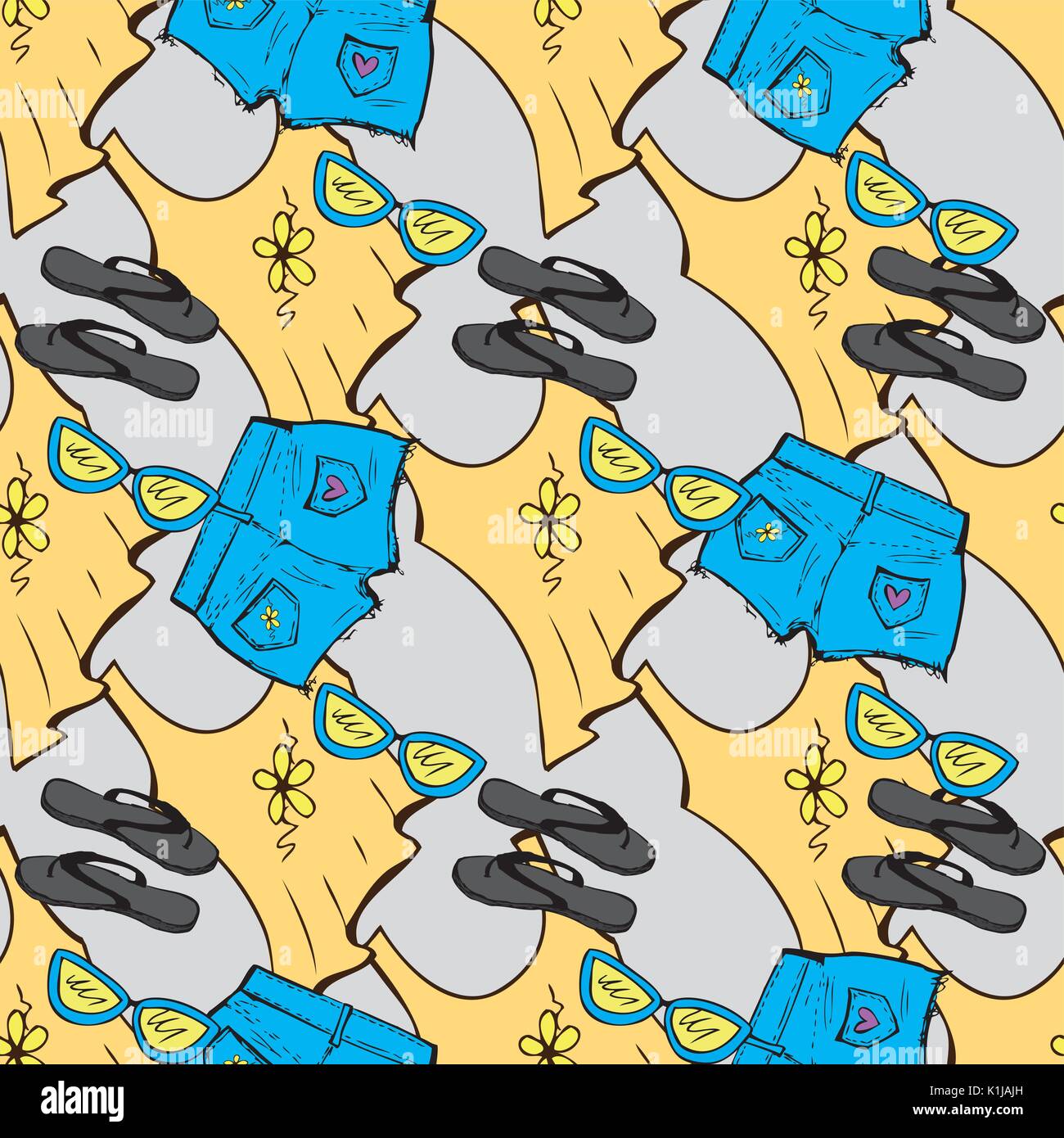 Summer Clothes seamless pattern. Mike, shorts, sunglasses, Sandals ...