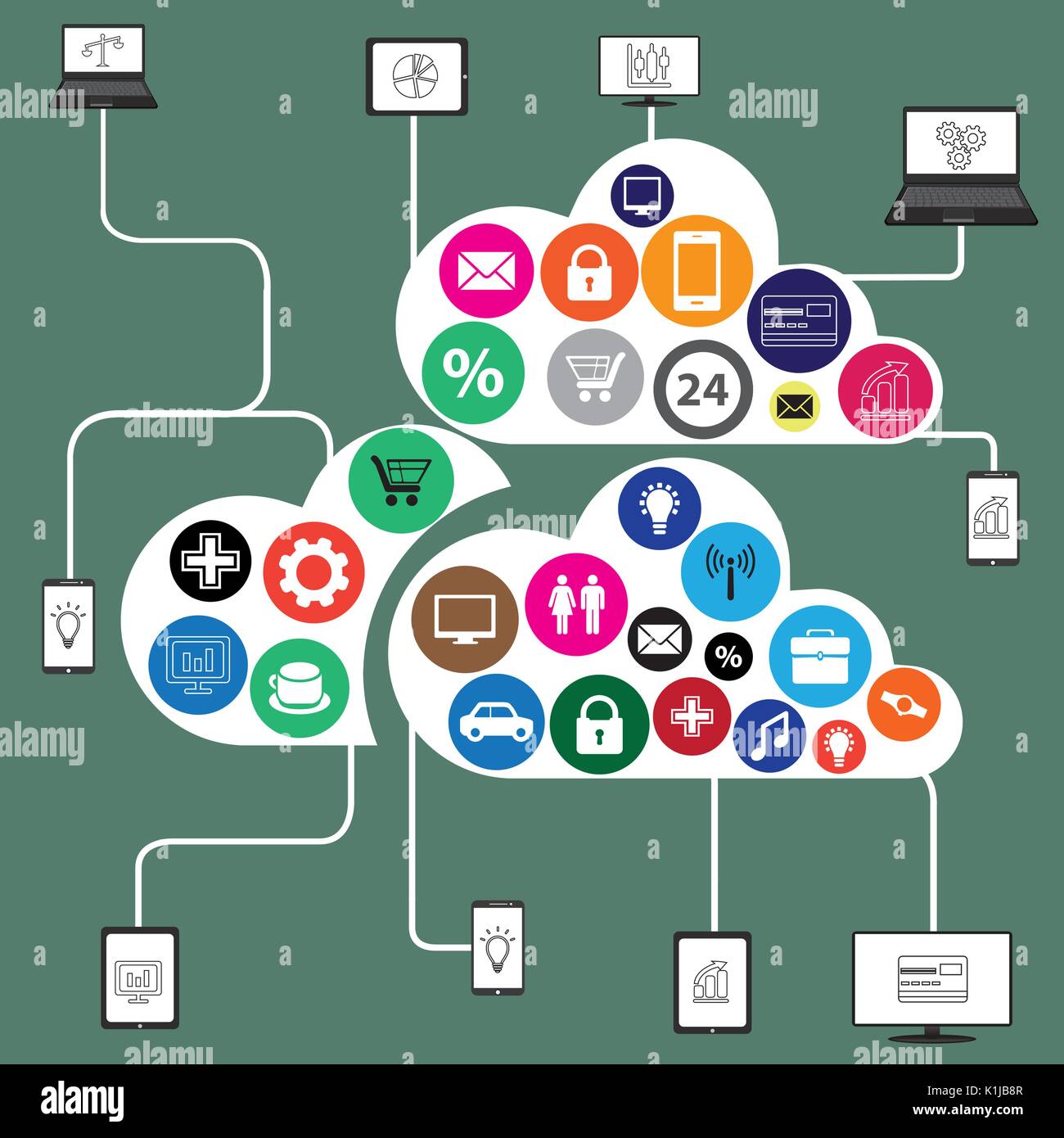 Conceptual picture of cloud app, connection between gadgets, icons ...