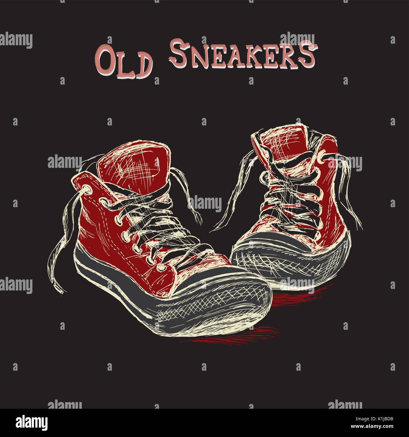 Vintage Sneakers Hand Drawn on black background, vector illustration ...