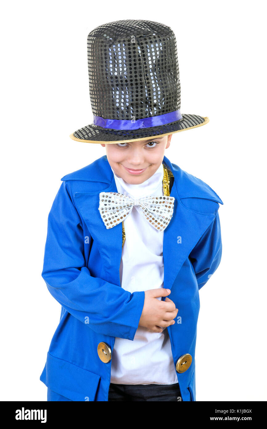 Portrait of a funny little boy in mad hatter costume while smiling ...