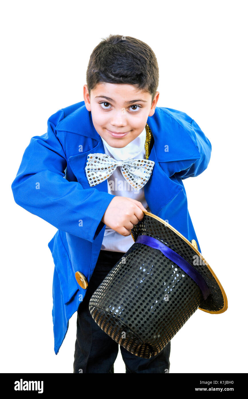 Portrait of a funny little boy in mad hatter costume while smiling ...
