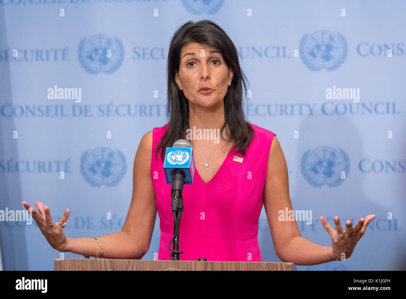 US Permanent Representative to the United Nations Ambassador Nikki Haley is seen during a press ...
