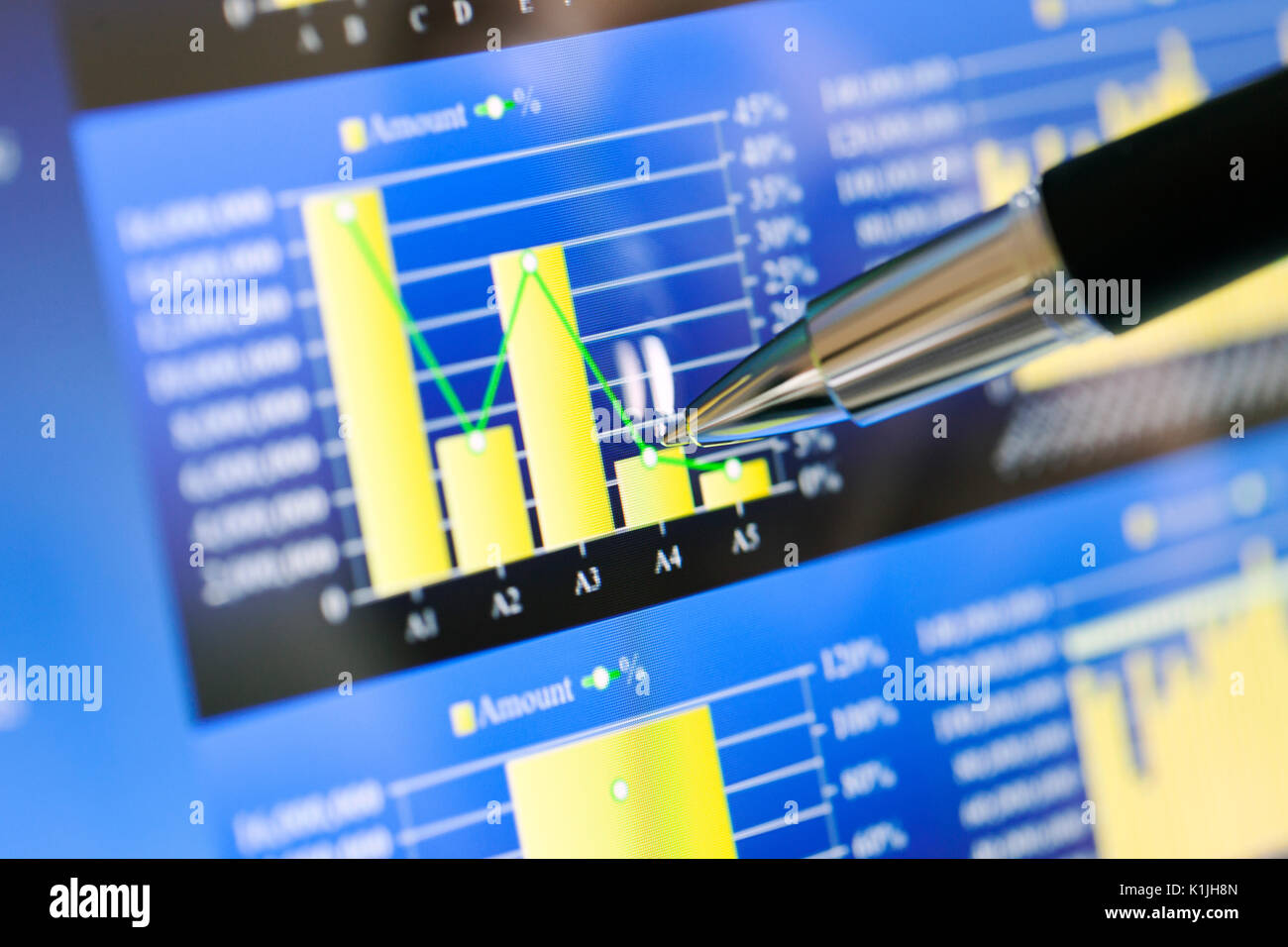 Analyzing stock market from a digital computer screen over a detailed ...