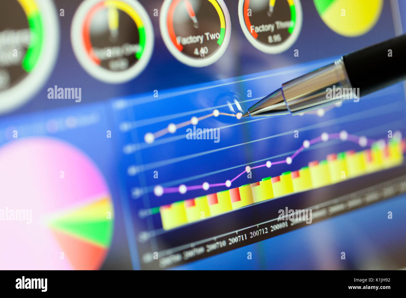 Analyzing stock market from a digital computer screen over a detailed ...