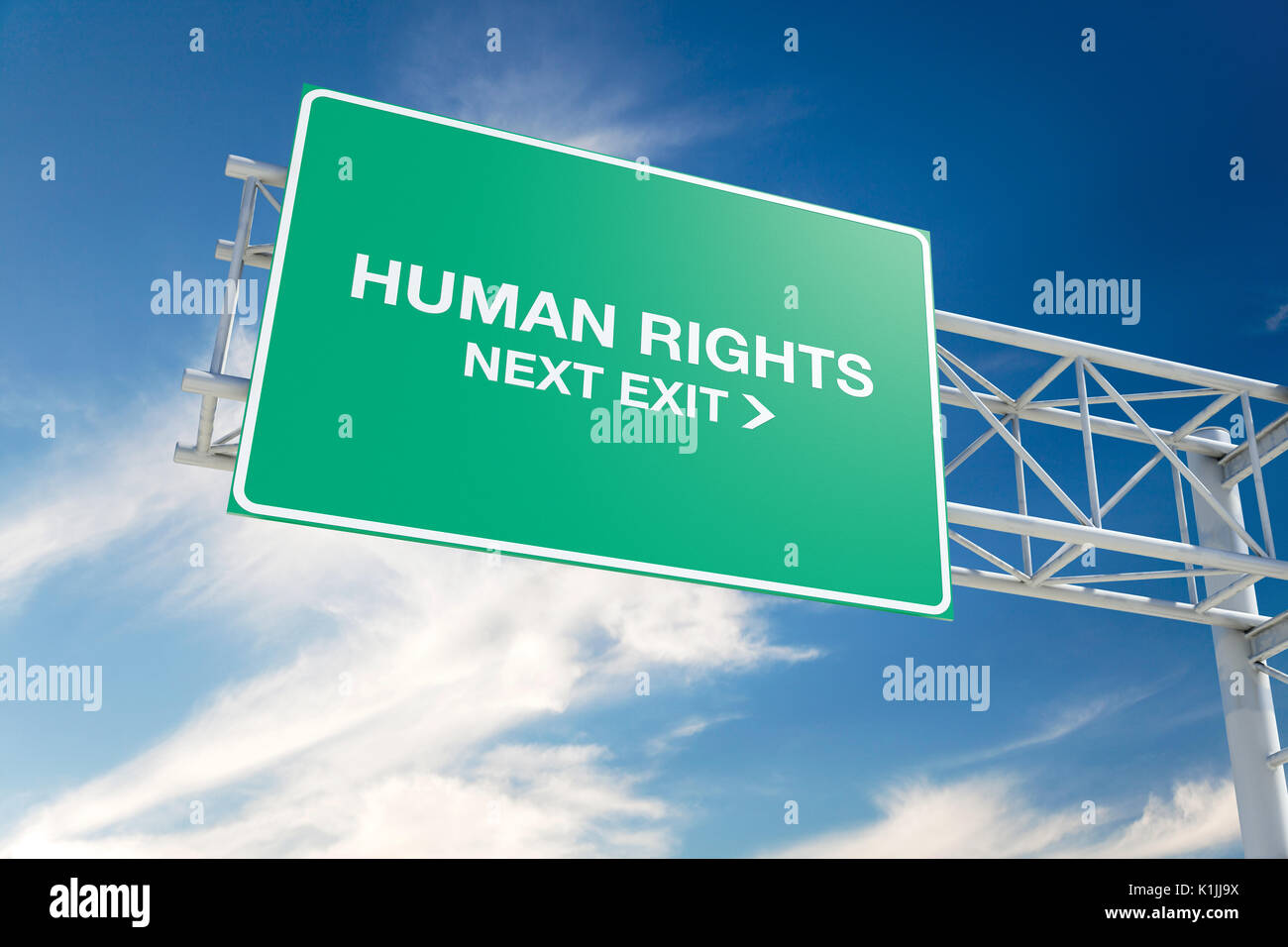 Hi-res 3D highway "Human Rights" road sign against a blue sky with ...
