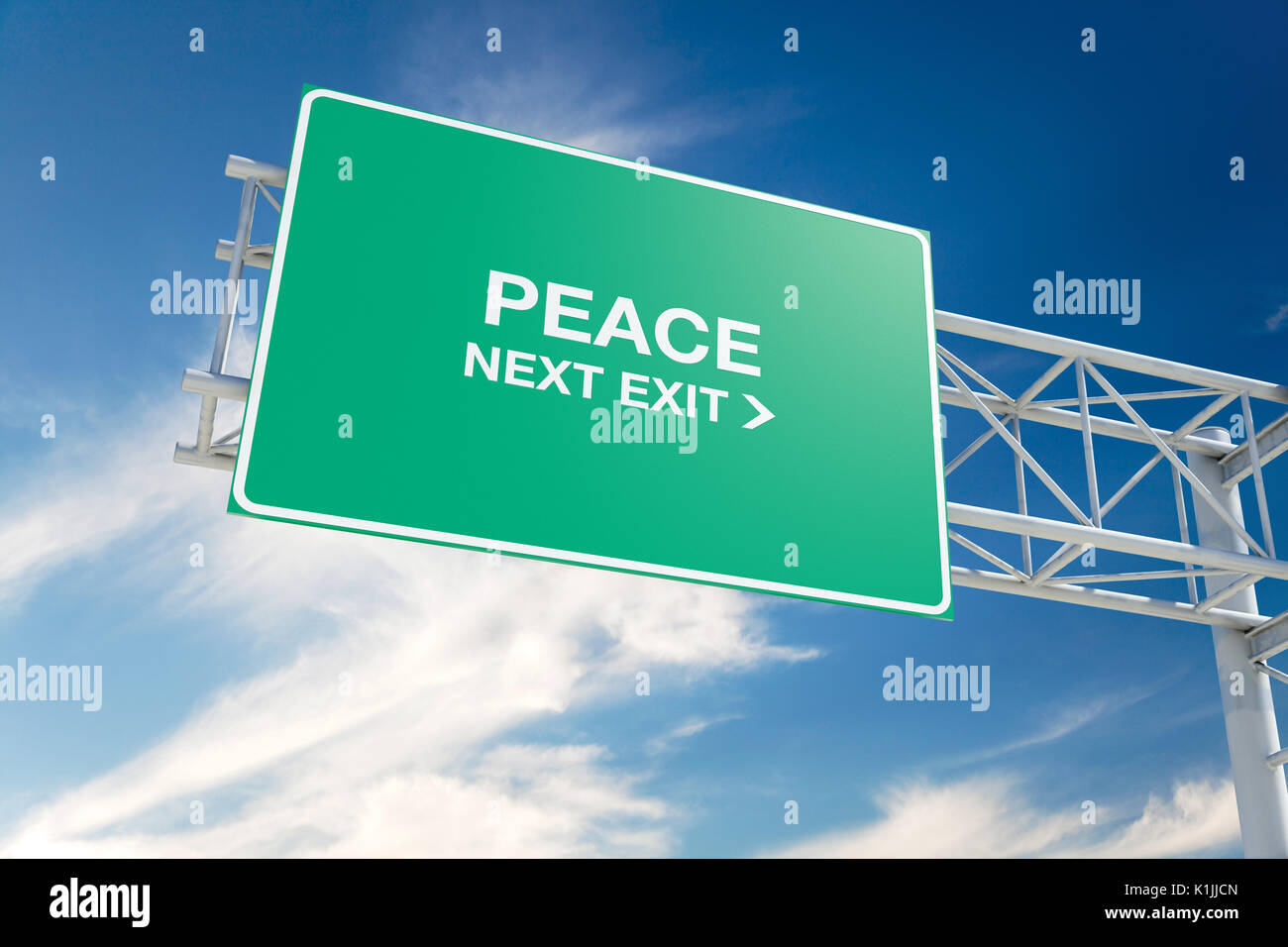 Hi-res 3D highway "Peace" road sign against a blue sky with cloudscape ...