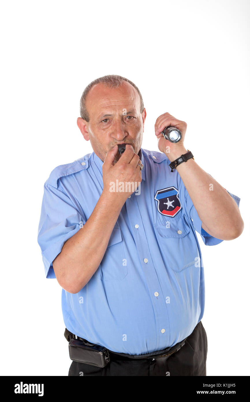 Senior security guy is trying to stop a threat on white. He is blowing ...