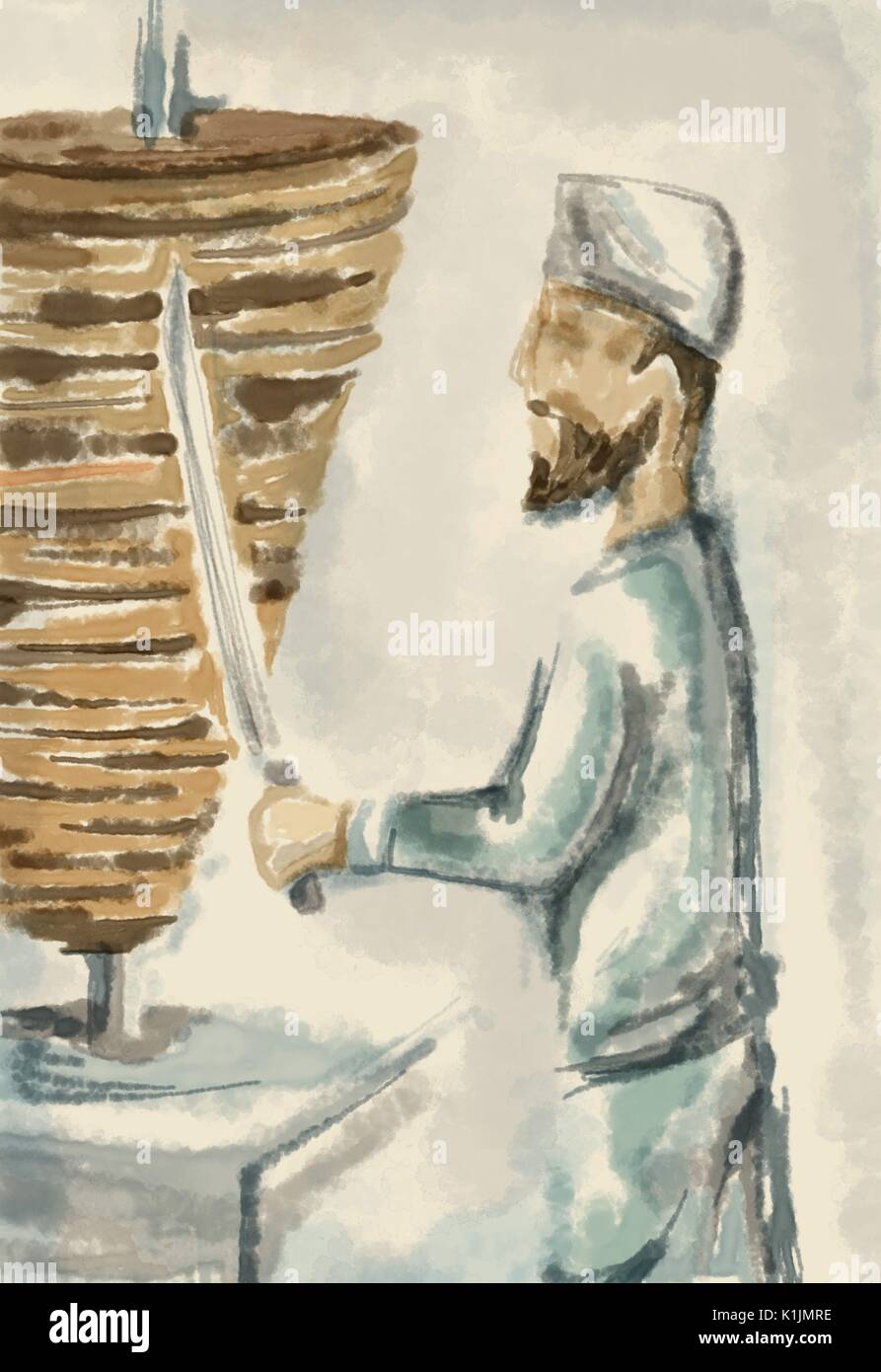 Shawarma restaurant, Man Serving Kebab (Digital Painting Stock Photo ...