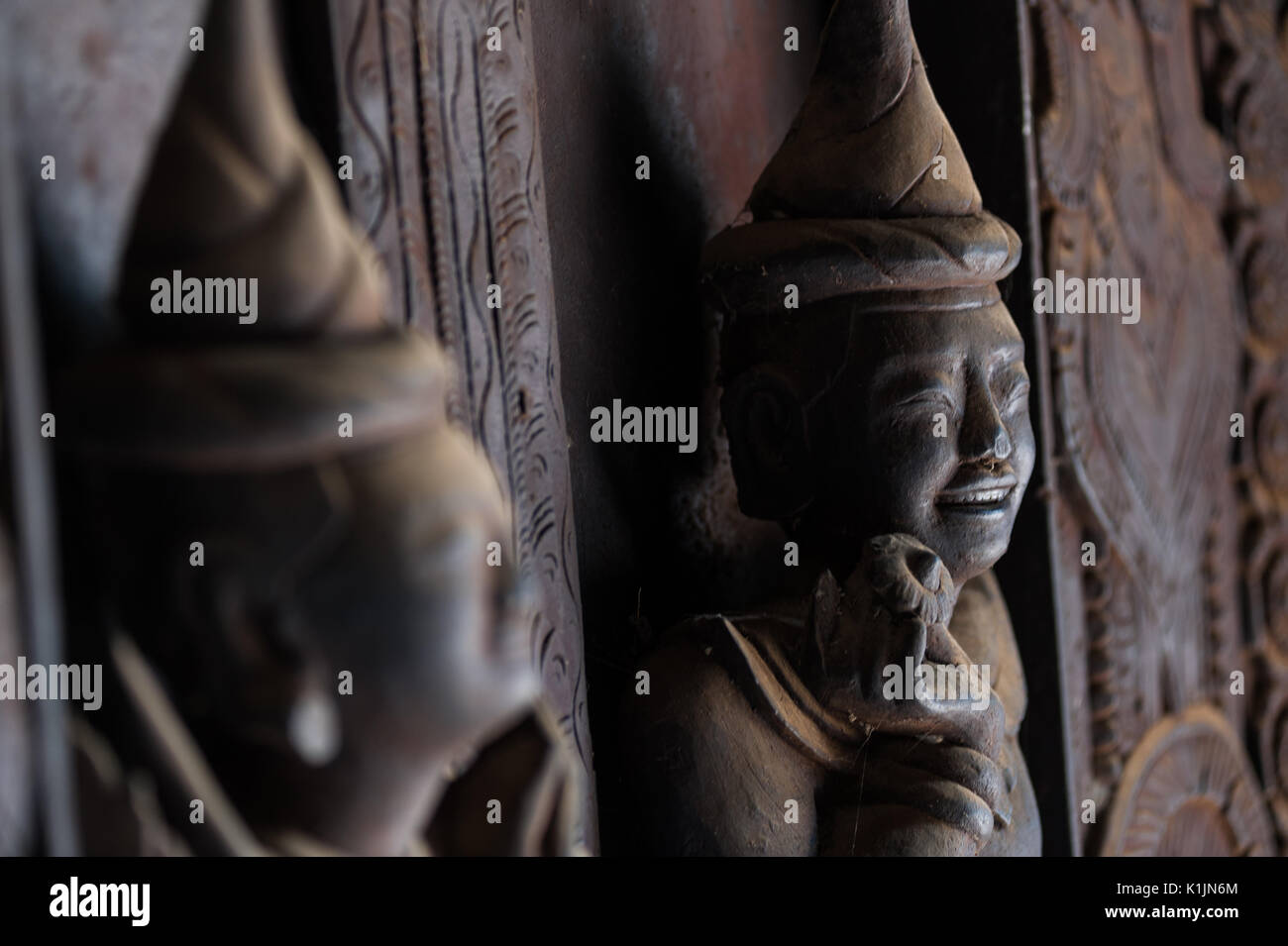 Traditional wood carvings representing nats - Burmese mythological ...