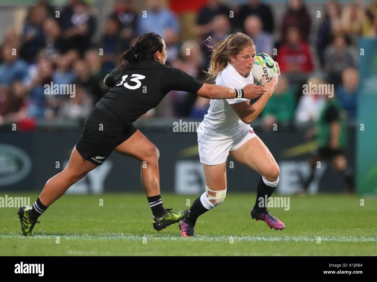 England's Lydia Thompson (right) is tackled by New Zealand's Stacey ...